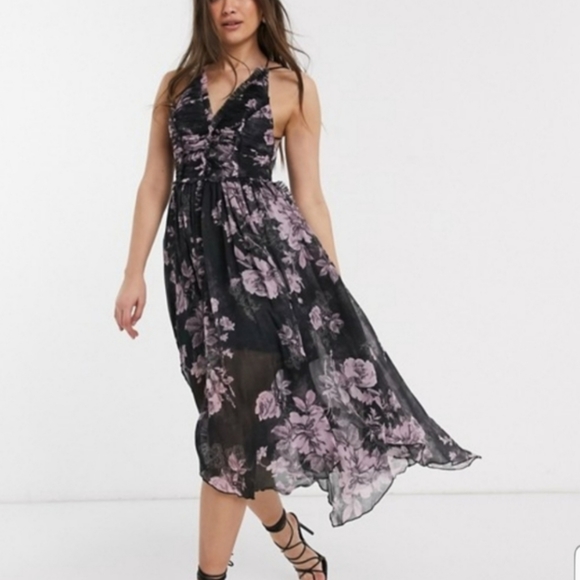 ASOS | Dresses | Midi Asos Purple And Black Floral Dress | Poshmark